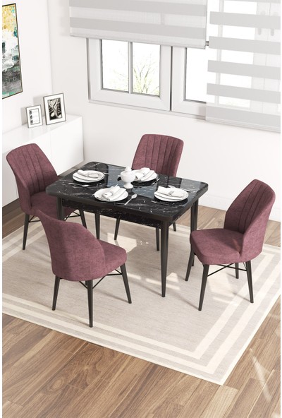 Rovena Lera Serisi Beyaz Mermer Desenli Ahşap Ayaklı Sabit Masa Takımı +4 Adet Sandalye