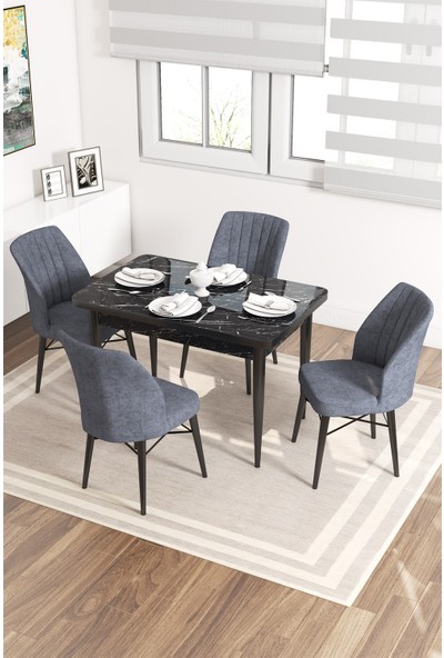 Rovena Lera Serisi Beyaz Mermer Desenli Ahşap Ayaklı Sabit Masa Takımı +4 Adet Sandalye