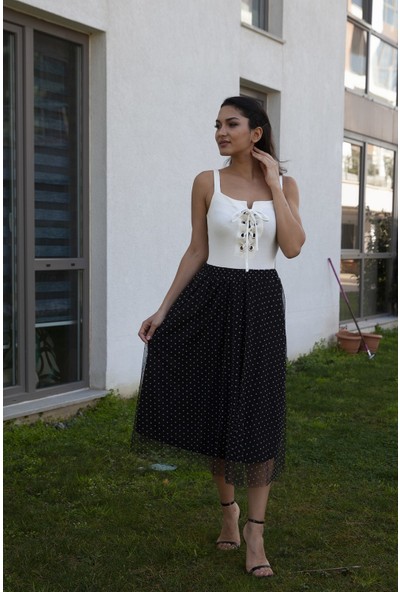 Tarzım Süper Kadın Puantiyeli Uzun Tül Etek Siyah