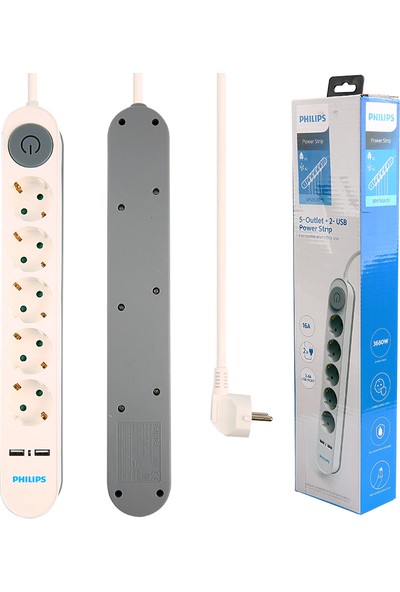 Phılıps SPS1153A/51 5'li 2 Metre Kablolu Çift Usb'li Anahtarlı Beyaz Akım Korumalı Priz Phılıps SPS1153A/51 5'li 2 Metre Kablolu Çift Usb'li Anahtarlı Beyaz Akım Korumalı Priz