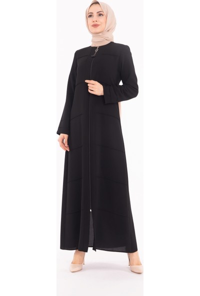 Yaprak Kadın Düz Kesim Siyah Ferace,ön Çizgi Dikişli Ferace,bayan Ferace,kadın Elbise Ferace