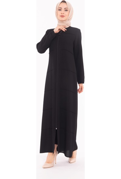 Yaprak Kadın Düz Kesim Siyah Ferace,ön Çizgi Dikişli Ferace,bayan Ferace,kadın Elbise Ferace