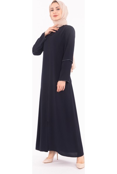 Yaprak Kadın Kolu Taşlı Ferace,çift Kol Düz Kesim,boncuk Detaylı Bayan Ferace,fermuarlı Cepli Ferace