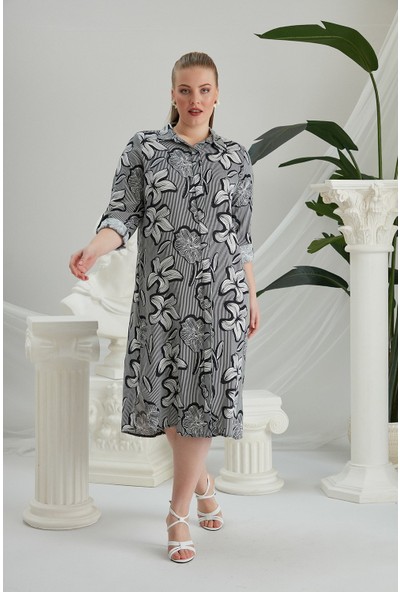 Rmg Çiçek Desenli Çizgili Büyük Beden Siyah Elbise