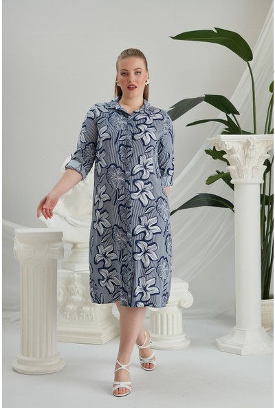Rmg Çiçek Desenli Çizgili Büyük Beden Lacivert Elbise