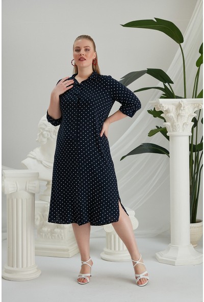 Rmg Puantiyeli Büyük Beden Lacivert Elbise