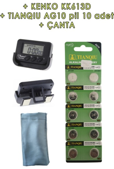 Efe Toys Kenko KK613-D Kronometreli Saat + AG10 Pil 10 Adet + Çanta Set Kenko KK613D +AG10 + Çanta