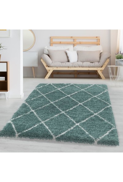 Ayyıldız Desenli Shaggy Halı Baklava Kare Desen Turkuaz Mavisi Beyaz Renklerde