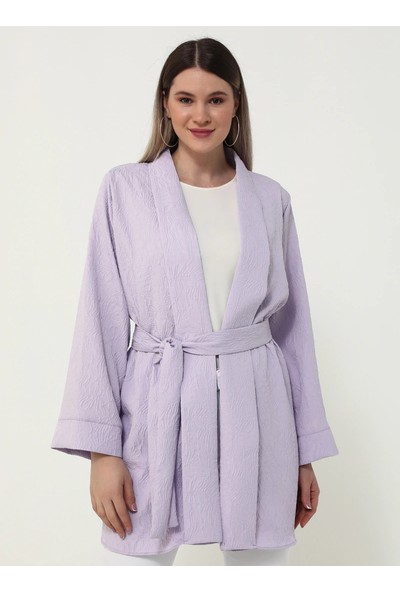 Alia Büyük Beden Çiçek Efektli Kimono Kap - Lila - Alia