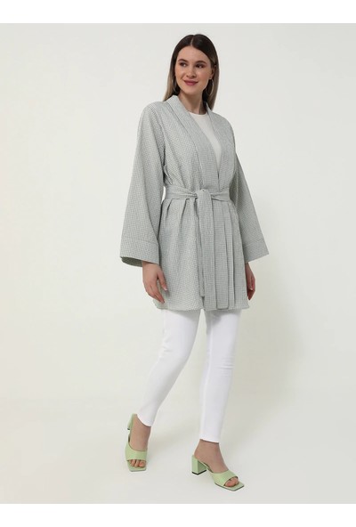 Alia Büyük Beden Dokulu Kimono Kap - Su Yeşili - Alia