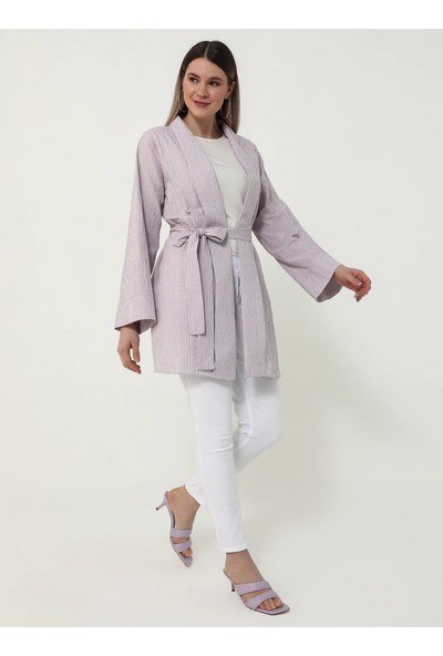 Alia Büyük Beden Dokulu Kimono Kap - Ekose Lila - Alia