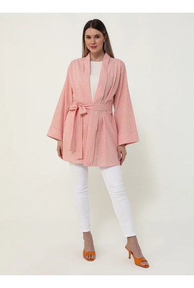 Alia Büyük Beden Dokulu Kimono Kap - Ekose Şeftali - Alia