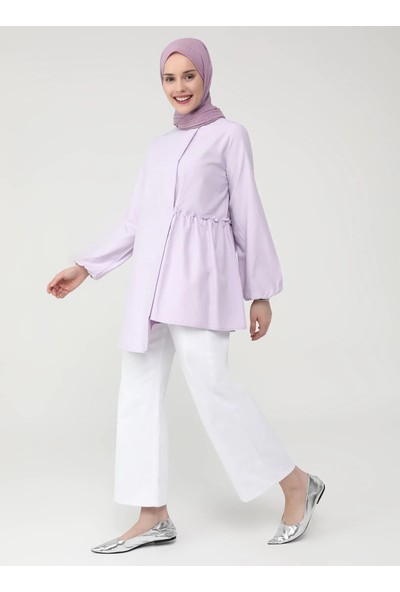 Refka Casual Beli Fırfırlı Balon Kollu Poplin Tunik - Lila - Refka Casual Refka Casual Beli Fırfırlı Balon Kollu Poplin Tunik - Lila - Refka Casual