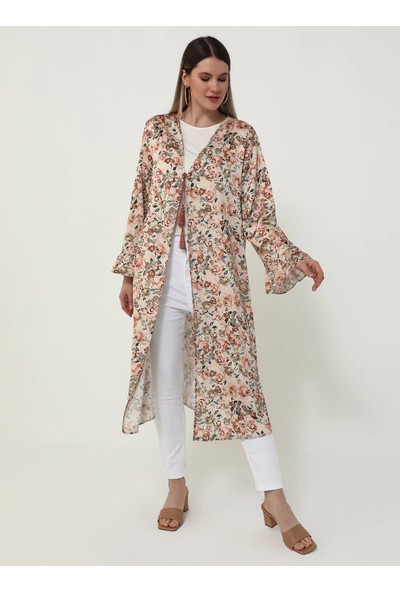 Alia Büyük Beden Desenli Püskül Detaylı Saten Kimono Kap - Somon - Alia
