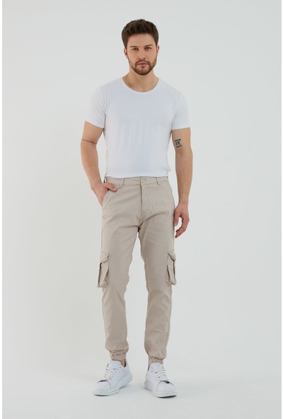 Erkek Slim Fit Bej Renk Körüklü Cep Kargo Pantolon