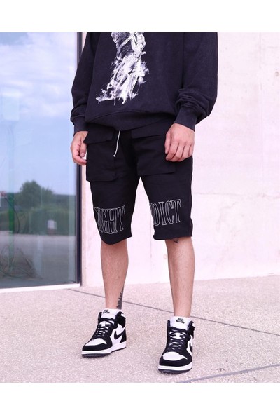 Soydance Önden Cepli Baskılı Şort Siyah