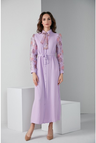 Modaness Kadın Yaka Kol Baskılı Organze Düğmeli Kemerli Tesettür 2070 Modaness Kadın Yaka Kol Baskılı Organze Düğmeli Kemerli Tesettür 2070