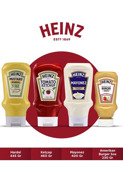 Heinz Burger Sos Paketi (Hardal 445 gr + Ketçap 460 gr + Mayonez 400 gr + Amerikan Burger Sos 230 Gr) Heinz Burger Sos Paketi (Hardal 445 gr + Ketçap 460 gr + Mayonez 400 gr + Amerikan Burger Sos 230 Gr)