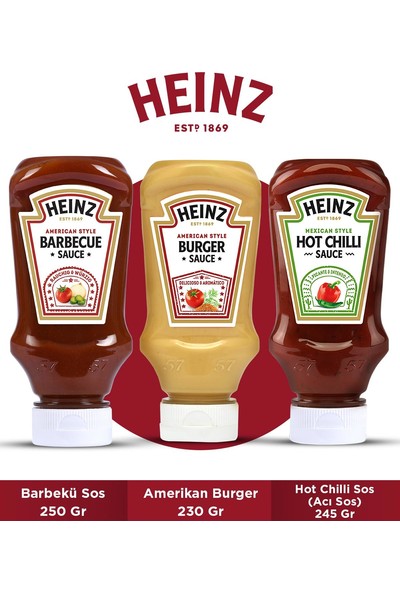 Heinz Üçlü Gurme Sos Paketi (Barbekü Sos 250 gr + Amerikan Burger 230 gr + Hot Chilli Sos 245 Gr) Heinz Üçlü Gurme Sos Paketi (Barbekü Sos 250 gr + Amerikan Burger 230 gr + Hot Chilli Sos 245 Gr)