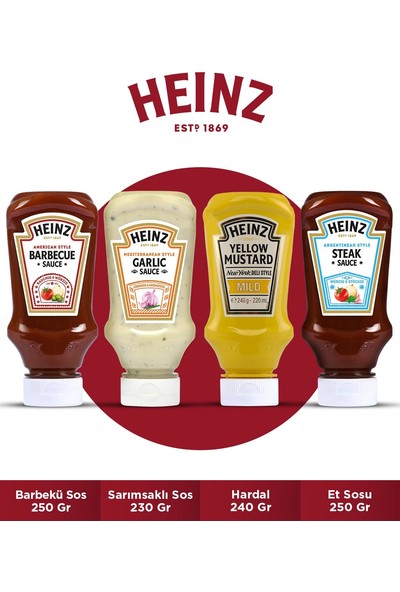 Heinz Dörtlü Sos Paketi (Barbekü Sos 250 gr + Sarımsaklı Sos 230 gr + Hardal 240 gr + Et Sosu 250 Gr) Heinz Dörtlü Sos Paketi (Barbekü Sos 250 gr + Sarımsaklı Sos 230 gr + Hardal 240 gr + Et Sosu 250 Gr)