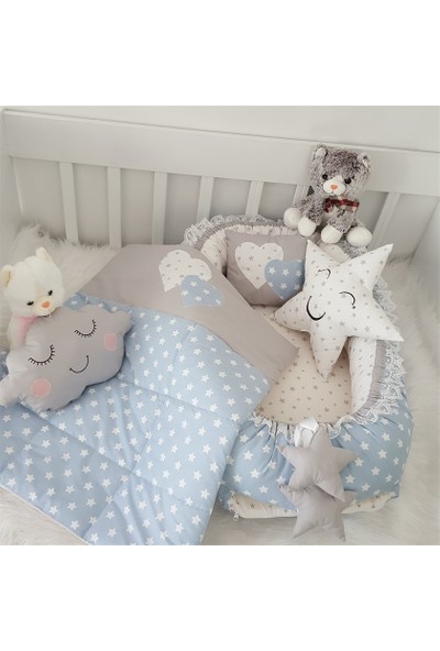 Jaju Baby Mavi ve Gri Yıldız 5 Parça Lüx Babynest Set