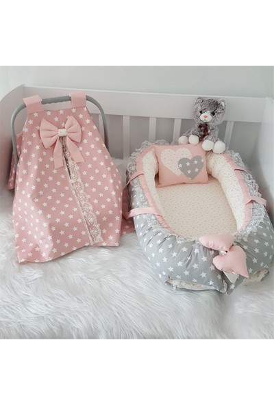 Jaju Baby Gri ve Pudra Kombin Babynest ve Puset Örtüsü 4 Parça Set Jaju Baby Gri ve Pudra Kombin Babynest ve Puset Örtüsü 4 Parça Set