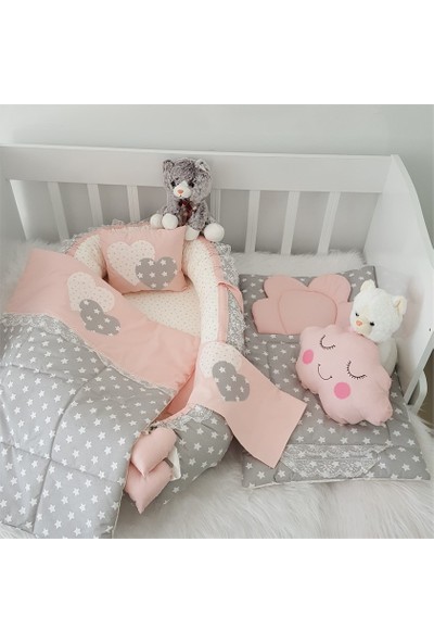 Jaju Baby Gri Pudra Yıldız Desenli Alt Açma ve Lüx Babynest 6 Parça Set