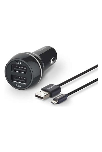 Philips Ultra Hızlı Çiftli Araç Şarj Başlığı ve Micro USB Kablo 5V/3.1A – 15.5W DLP2357U/10 Philips Ultra Hızlı Çiftli Araç Şarj Başlığı ve Micro USB Kablo 5V/3.1A – 15.5W DLP2357U/10
