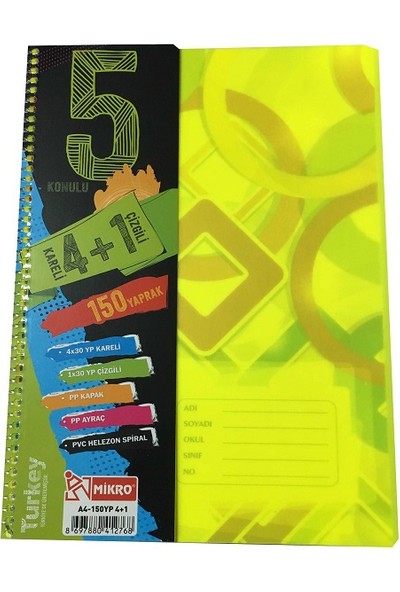 Mikro A4-150 Yaprak Ekonomik 4+1 Ayraçlı Konulu Defter Helezon Spiral Mikro A4-150 Yaprak Ekonomik 4+1 Ayraçlı Konulu Defter Helezon Spiral