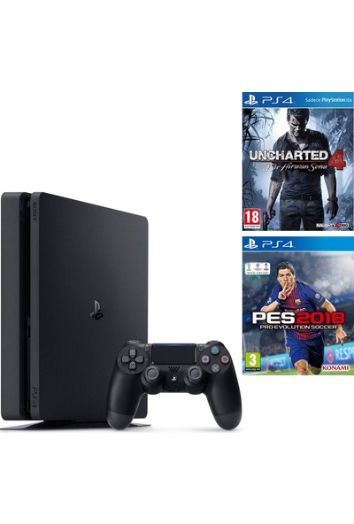 Sony Ps4 Slim 500Gb Oyun Konsolu + Pes 2018 + Uncharted 4 ( İthalatçı Garantili ) Sony Ps4 Slim 500Gb Oyun Konsolu + Pes 2018 + Uncharted 4 ( İthalatçı Garantili )