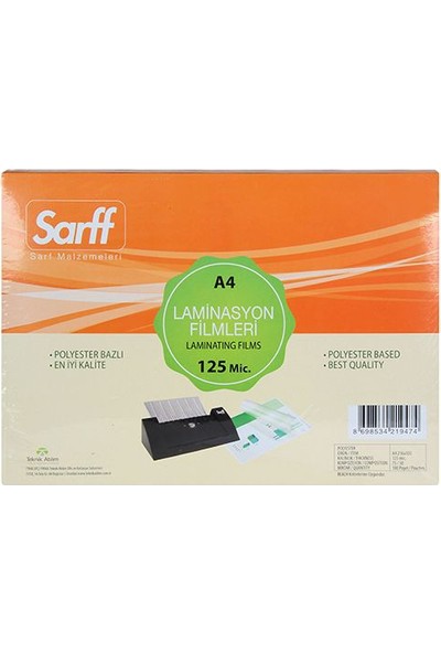 Sarff Laminasyon Filmi 125 Micron A4 100’Lü Kutu Sarff Laminasyon Filmi 125 Micron A4 100’Lü Kutu