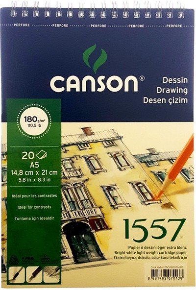 Canson 1557 Desen Çizim Defteri 180Gr. 20 Yaprak, A5 Canson 1557 Desen Çizim Defteri 180Gr. 20 Yaprak, A5