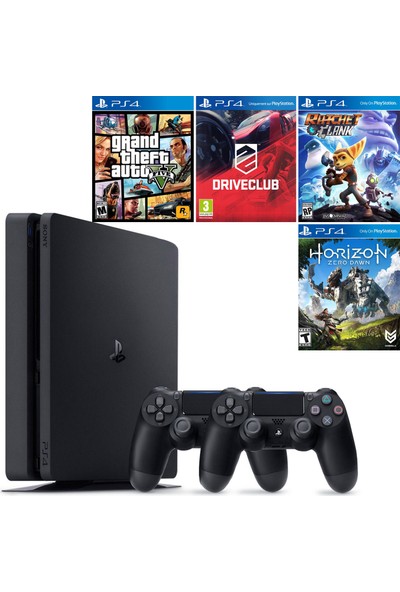 Sony Playstation 4 Slim 500 GB Konsol + 2. Ps4 Kol + Gta 5 + Driveclub + Ratchet and Clank + Horizon Zero Dawn Sony Playstation 4 Slim 500 GB Konsol + 2. Ps4 Kol + Gta 5 + Driveclub + Ratchet and Clank + Horizon Zero Dawn