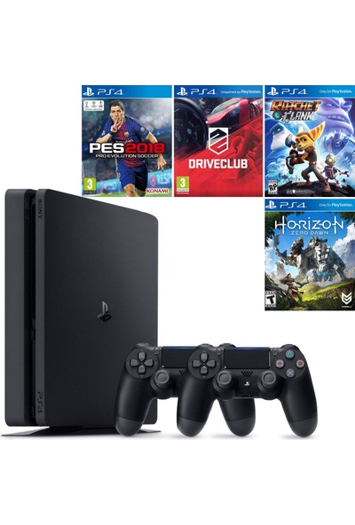 Sony Playstation 4 Slim 500 GB Konsol + 2.Kol + Pes 18 + Driveclub + Ratchet and Clank + Horizon Zero Dawn Sony Playstation 4 Slim 500 GB Konsol + 2.Kol + Pes 18 + Driveclub + Ratchet and Clank + Horizon Zero Dawn