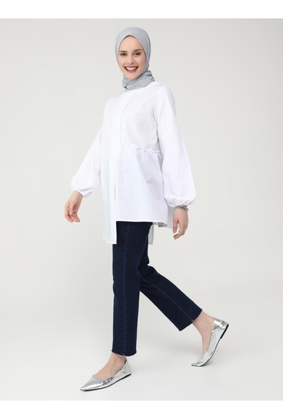 Refka Casual Beli Fırfırlı Balon Kollu Poplin Tunik - Beyaz - Refka Casual Refka Casual Beli Fırfırlı Balon Kollu Poplin Tunik - Beyaz - Refka Casual