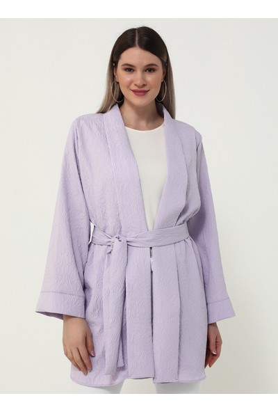 Alia Büyük Beden Çiçek Efektli Kimono Kap - Lila - Alia