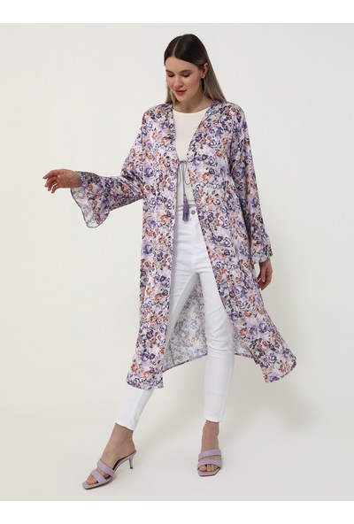 Alia Büyük Beden Desenli Püskül Detaylı Saten Kimono Kap - Lila - Alia