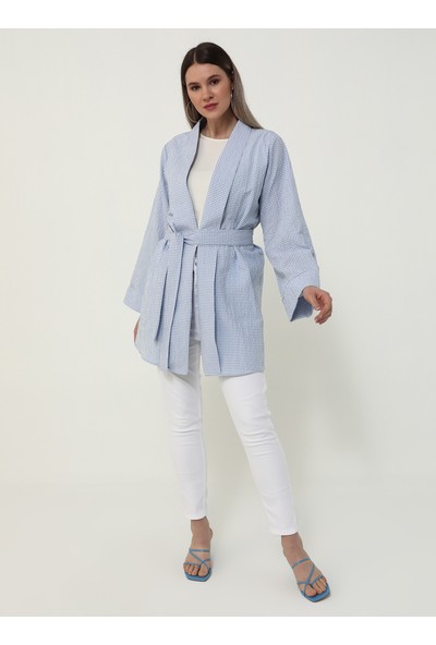 Alia Büyük Beden Dokulu Kimono Kap - Ekose Mavi - Alia