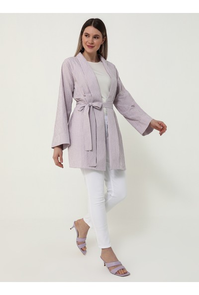 Alia Büyük Beden Dokulu Kimono Kap - Ekose Lila - Alia
