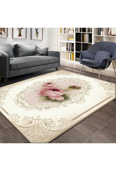 Else Halı Canel Krem Gri Retro Pembe Güllü Desenli Lastikli Halı Örtüsü 200X300 Else Halı Canel Krem Gri Retro Pembe Güllü Desenli Lastikli Halı Örtüsü 200X300