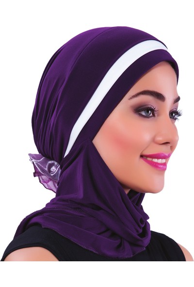 Fidan Bone Katlı Atkılı Mor Krem Hazır Türban Tesettür Bone