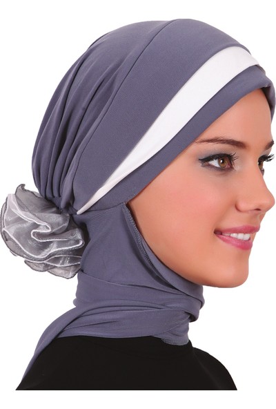 Fidan Bone Katlı Atkılı Koyu Gri Krem Hazır Türban Tesettür Bone