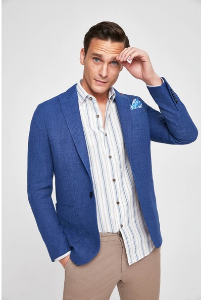 Twn Slim Fit Mavi Düz Kumaş Ceket