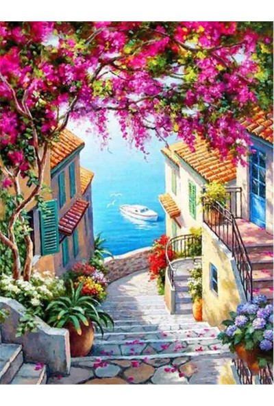 Movas Sanat Deniz Manzaralı Merdivenli Sokak Elmas Mozaik Tablo