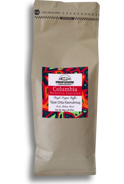 Profusion Coffee Taze Orta Kavrulmuş (Colombia) Kolombiya Medellin Supremo Çekirdek Kahve 1 KG