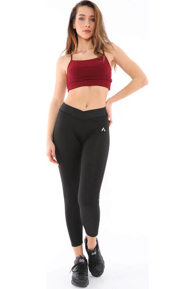 Aurafit Siyah Beli Çapraz Lastikli Baskılı Spor Tayt AU1035