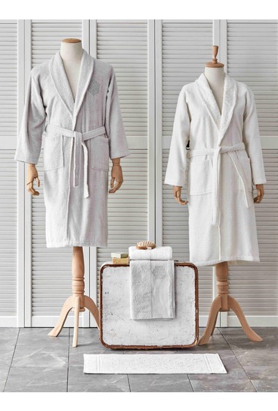 Karaca Home Doleres Offwite/Gri 5 Parça Nakışlı Bornoz Seti