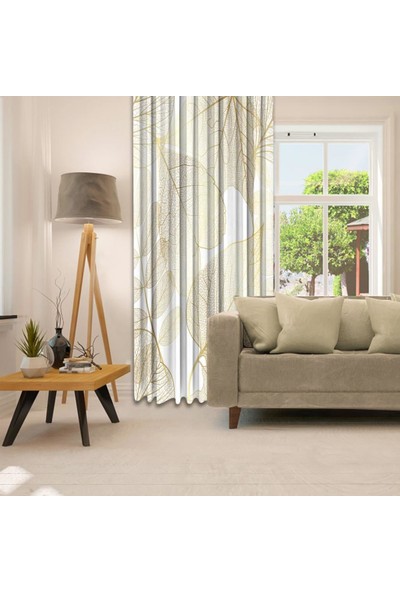 Henge Baskılı Tekli Fon Perde Parıltılı Altın Sonbahar Yaprak Desenli