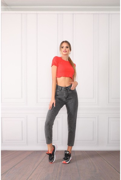 Derya Nergiz Kadın Gri Yüksek Bel Mom Jeans
