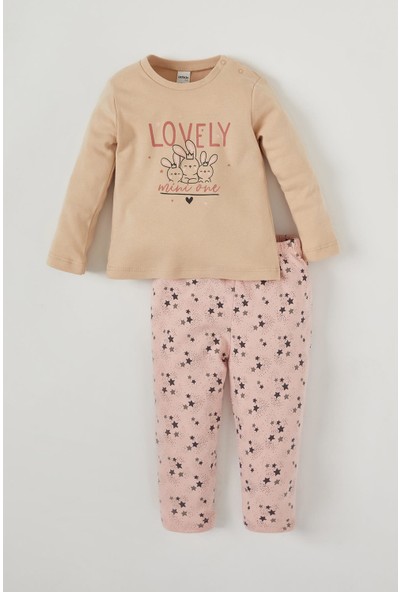 DeFacto Kız Bebek Tavşan Baskılı Pamuklu Tişört ve Alt Takımı T9289A221SP